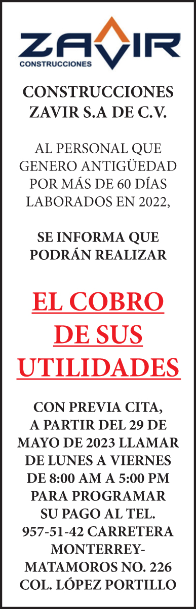(LOGO) CONSTRUCCIONES ZAVIR - El Mañana de Reynosa Avisos Clasificados